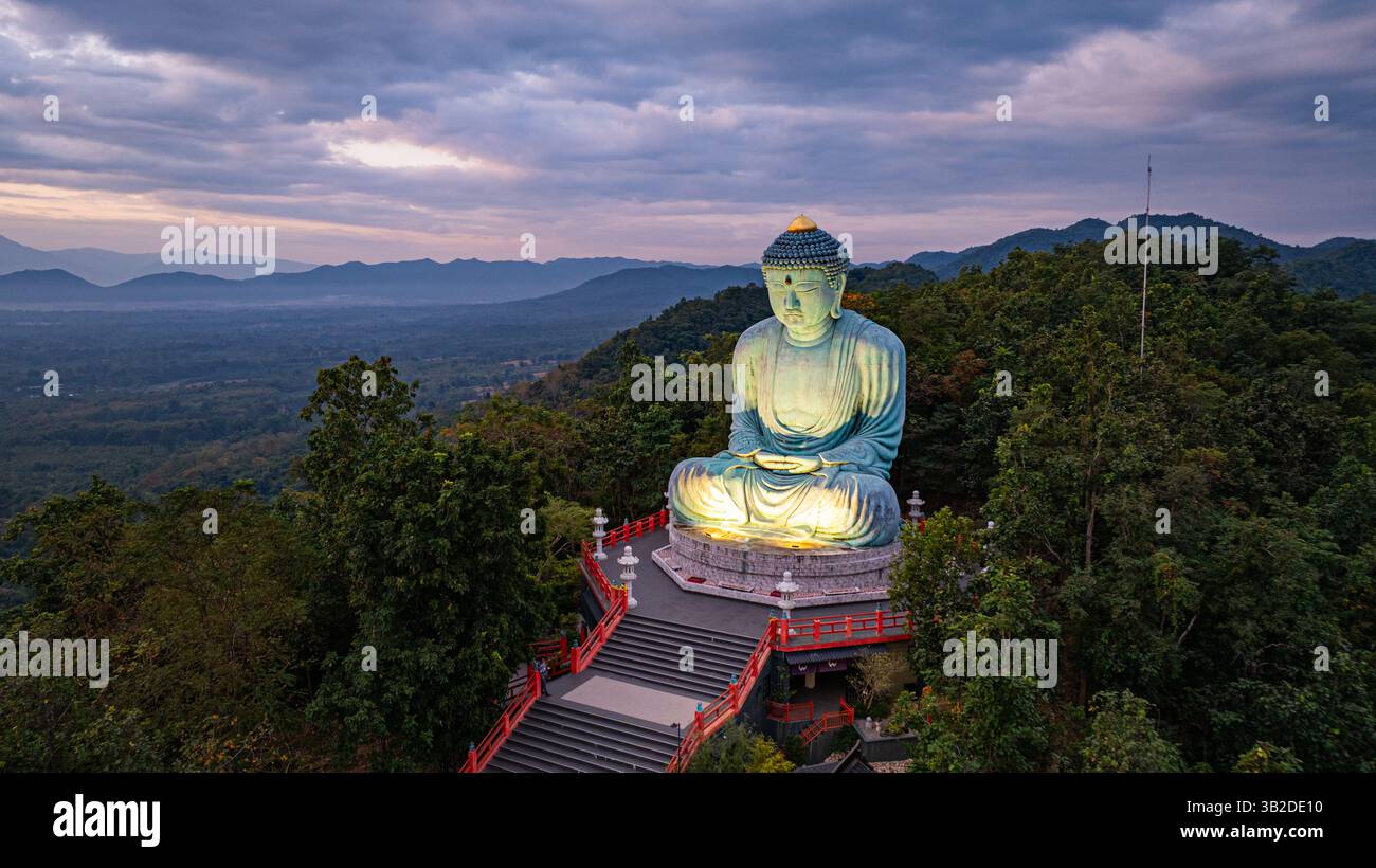 A serene aerial view of a large Buddha statue surrounded by lush forest ...