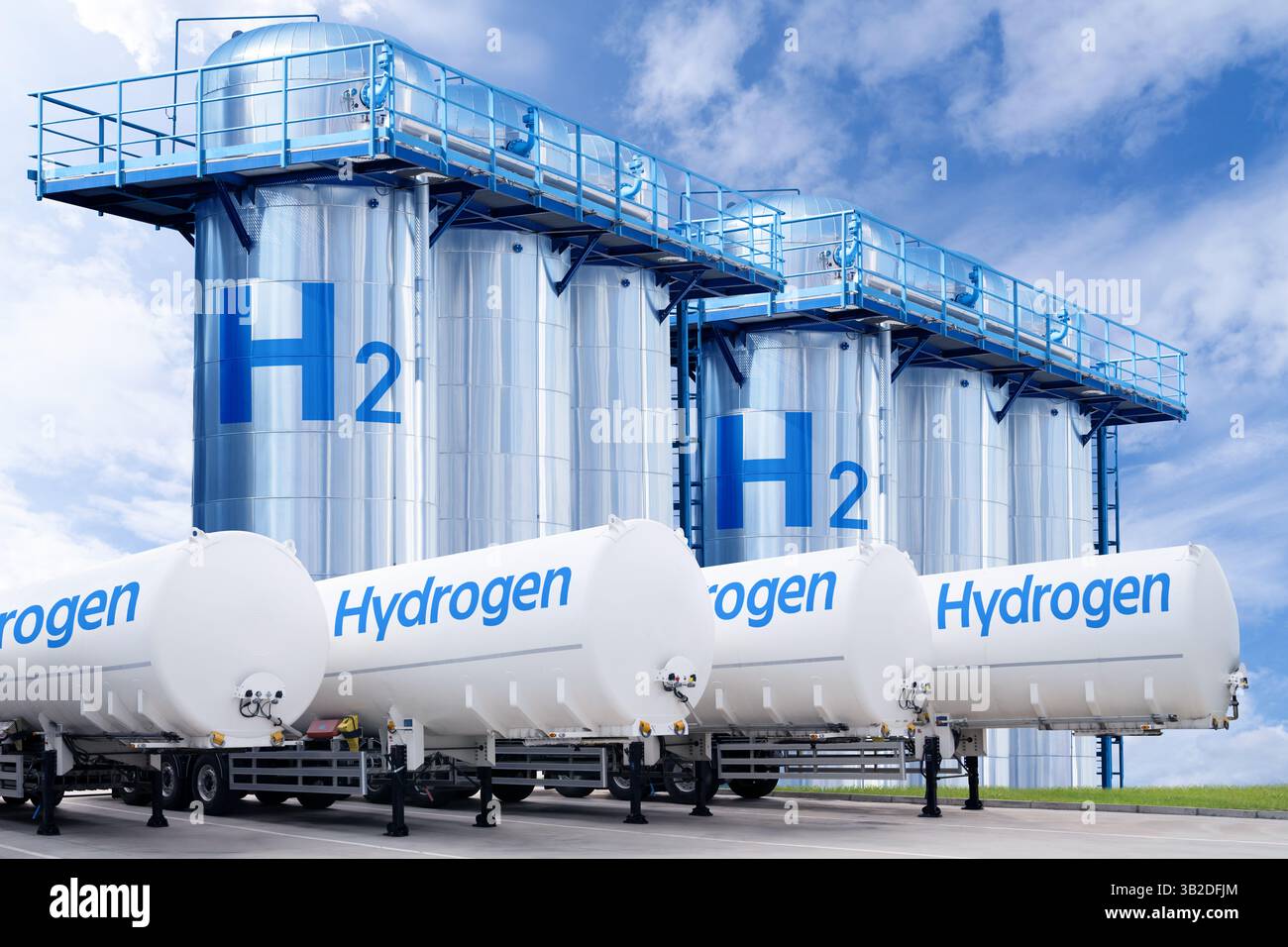 Hydrogen tank trailers with hydrogen storage in the background Stock ...