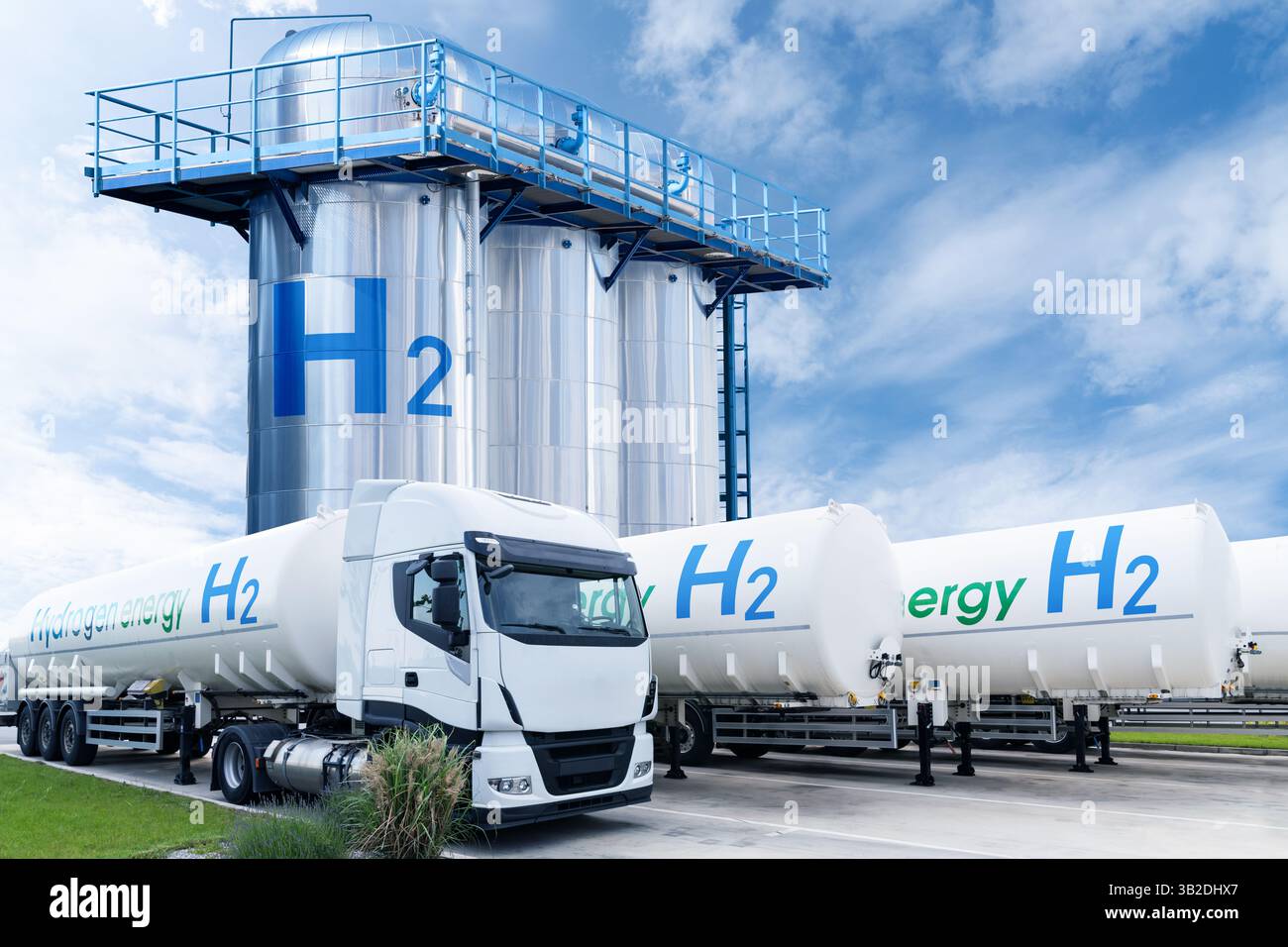 Hydrogen tank trailers with hydrogen storage in the background Stock ...