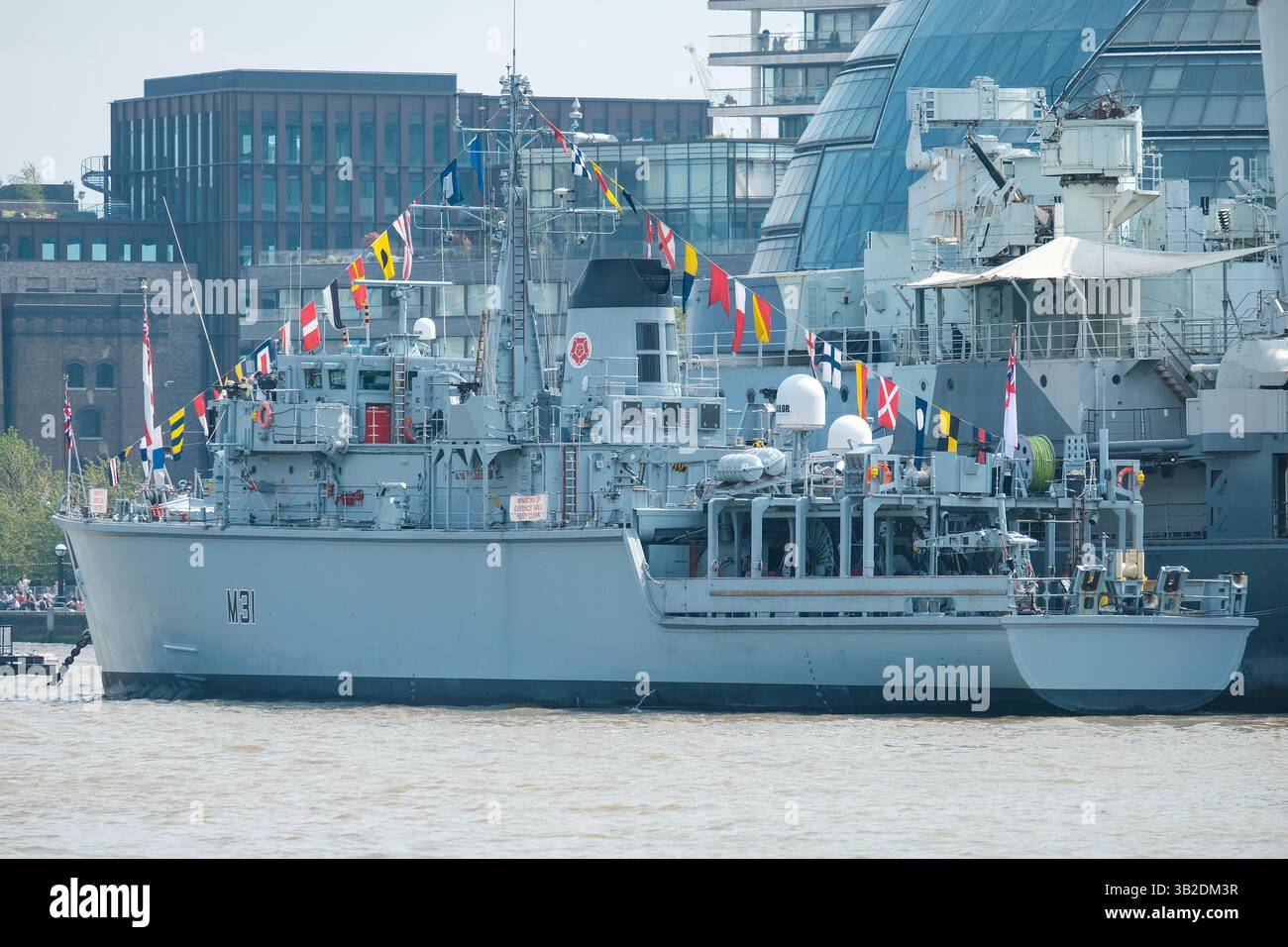 London, UK. 27th April, 2025. HMS Cattistock, a mine hunting vessel ...