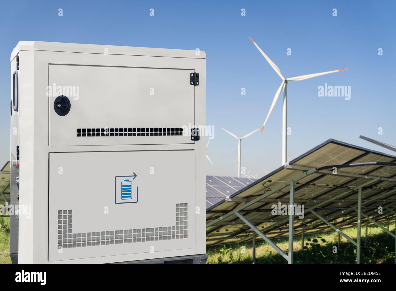 Solar panel and wind turbines with energy storage Stock Photo - Alamy