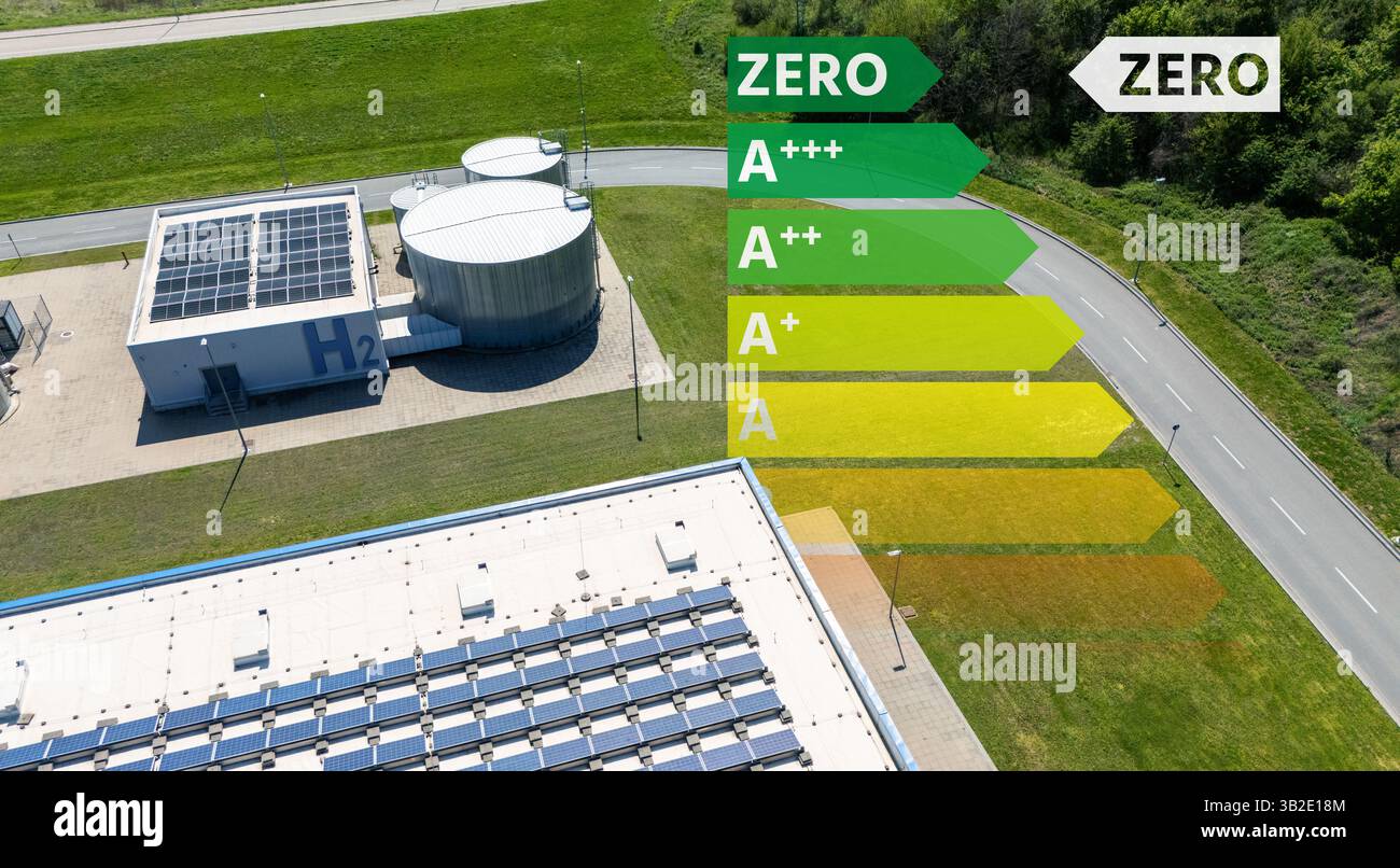 Aerial view of green hydrogen factory with storages. Hydrogen ...