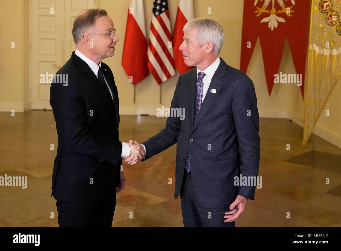 Polish President Andrzej Duda, left, welcomes Chris Wright, US ...
