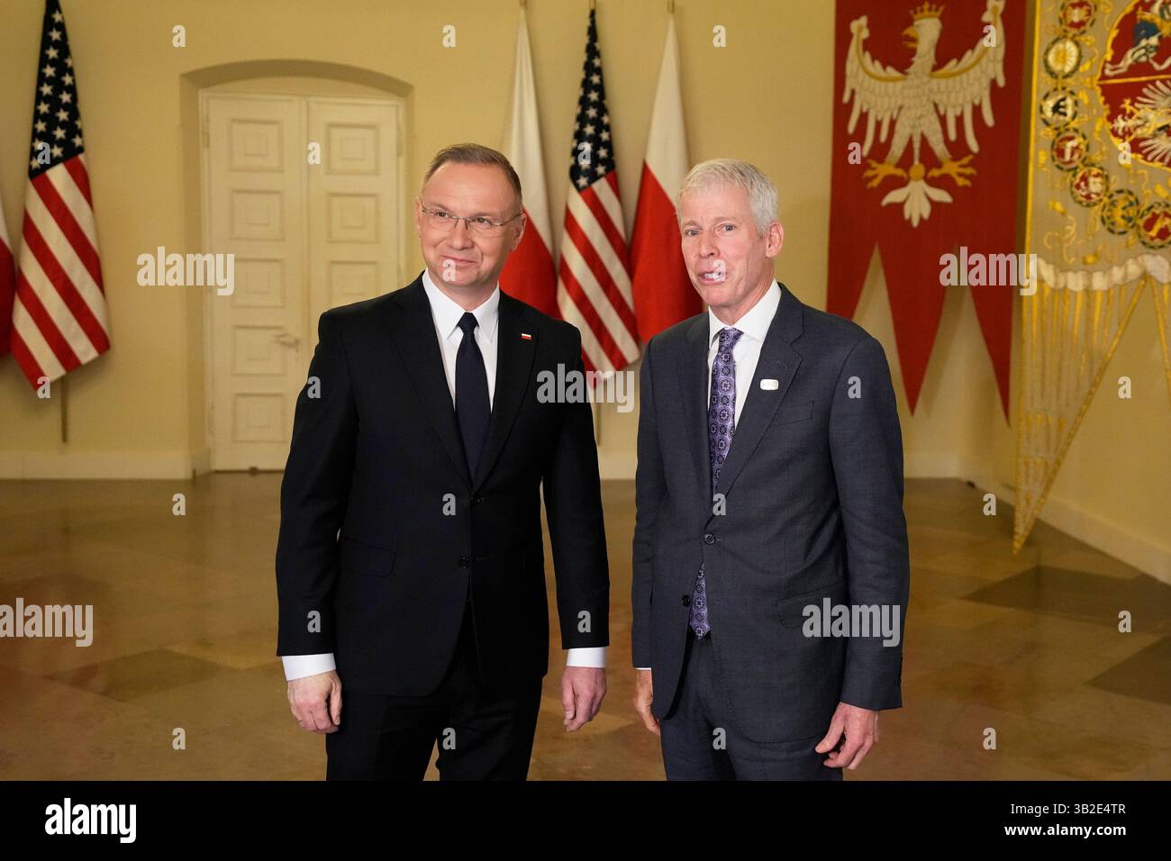Polish President Andrzej Duda, left, welcomes Chris Wright, US ...
