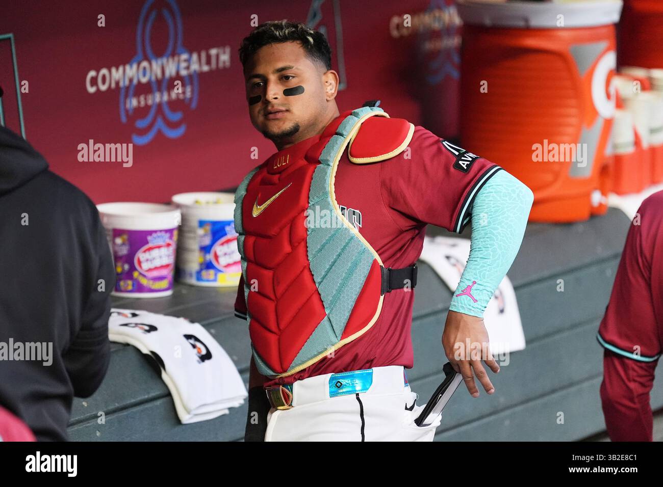 Arizona Diamondbacks catcher Gabriel Moreno pauses in the dugout prior ...