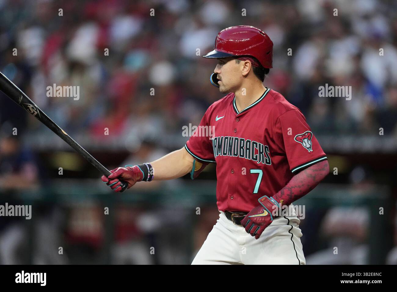 Arizona Diamondbacks' Corbin Carroll steps in to bat against the Atlanta Braves during the first ...