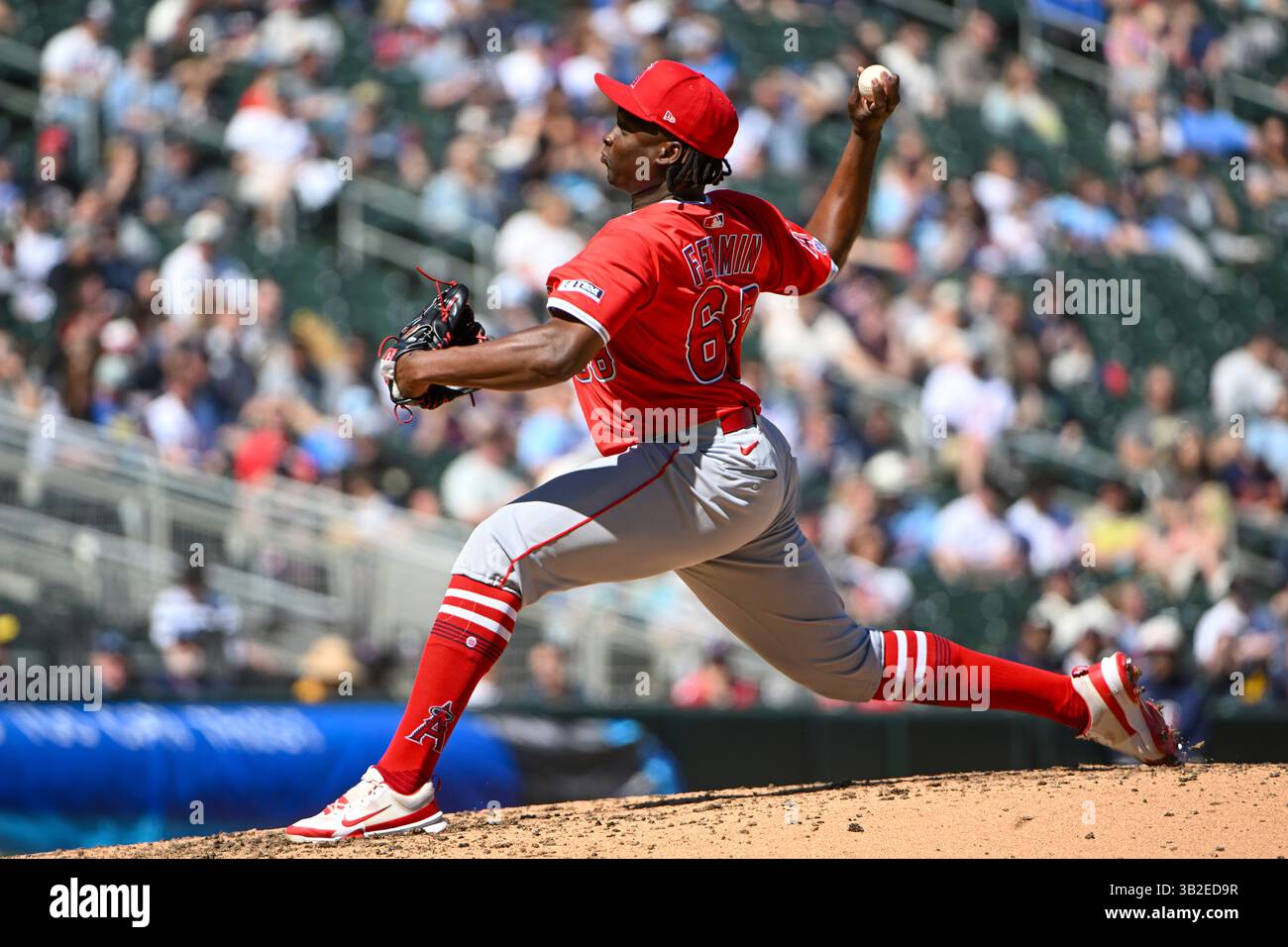 Los Angeles Angels pitcher Jose Fermin throws against the Minnesota ...