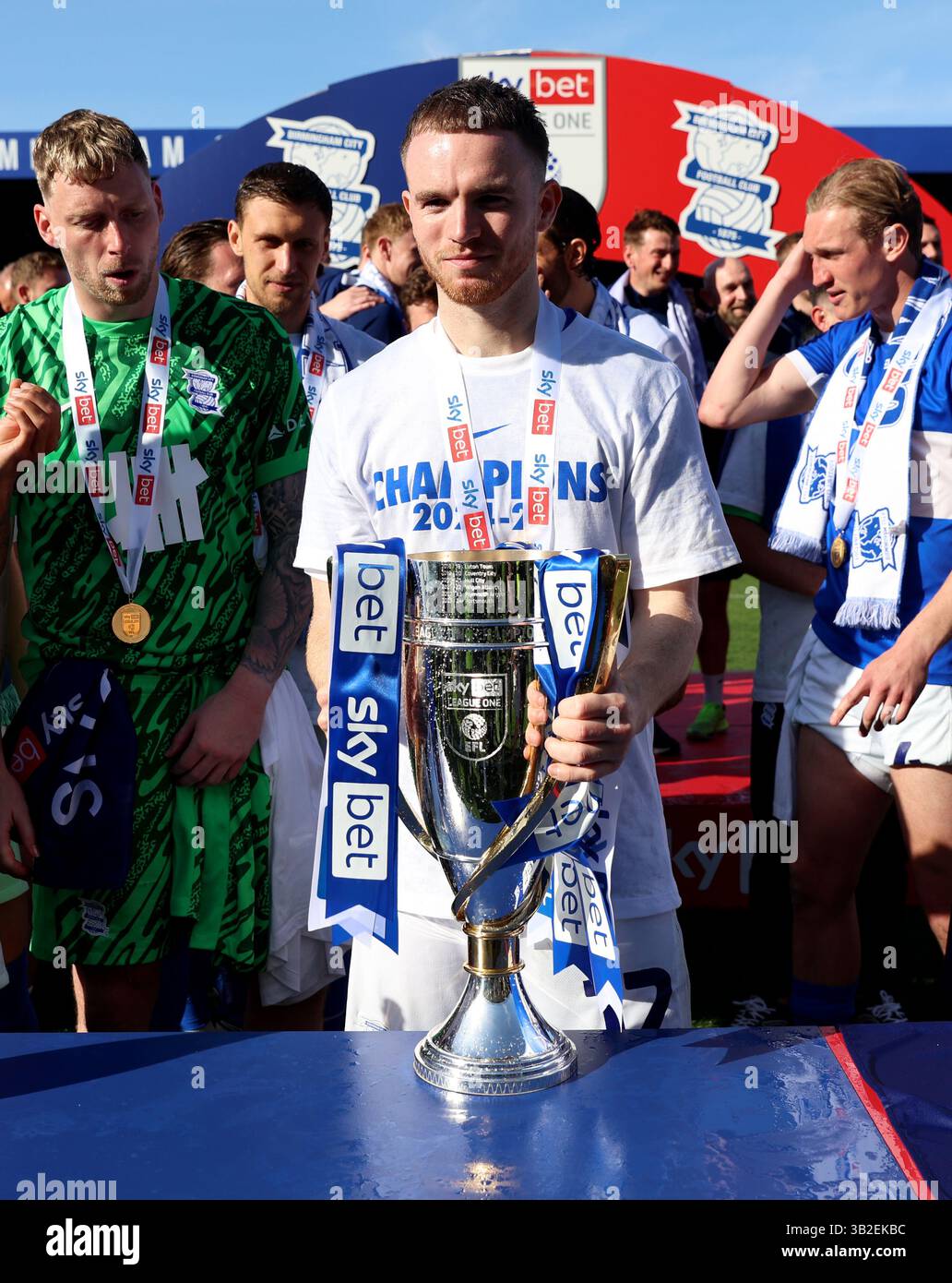 Birmingham City's Marc Leonard with the Sky Bet League One trophy after ...