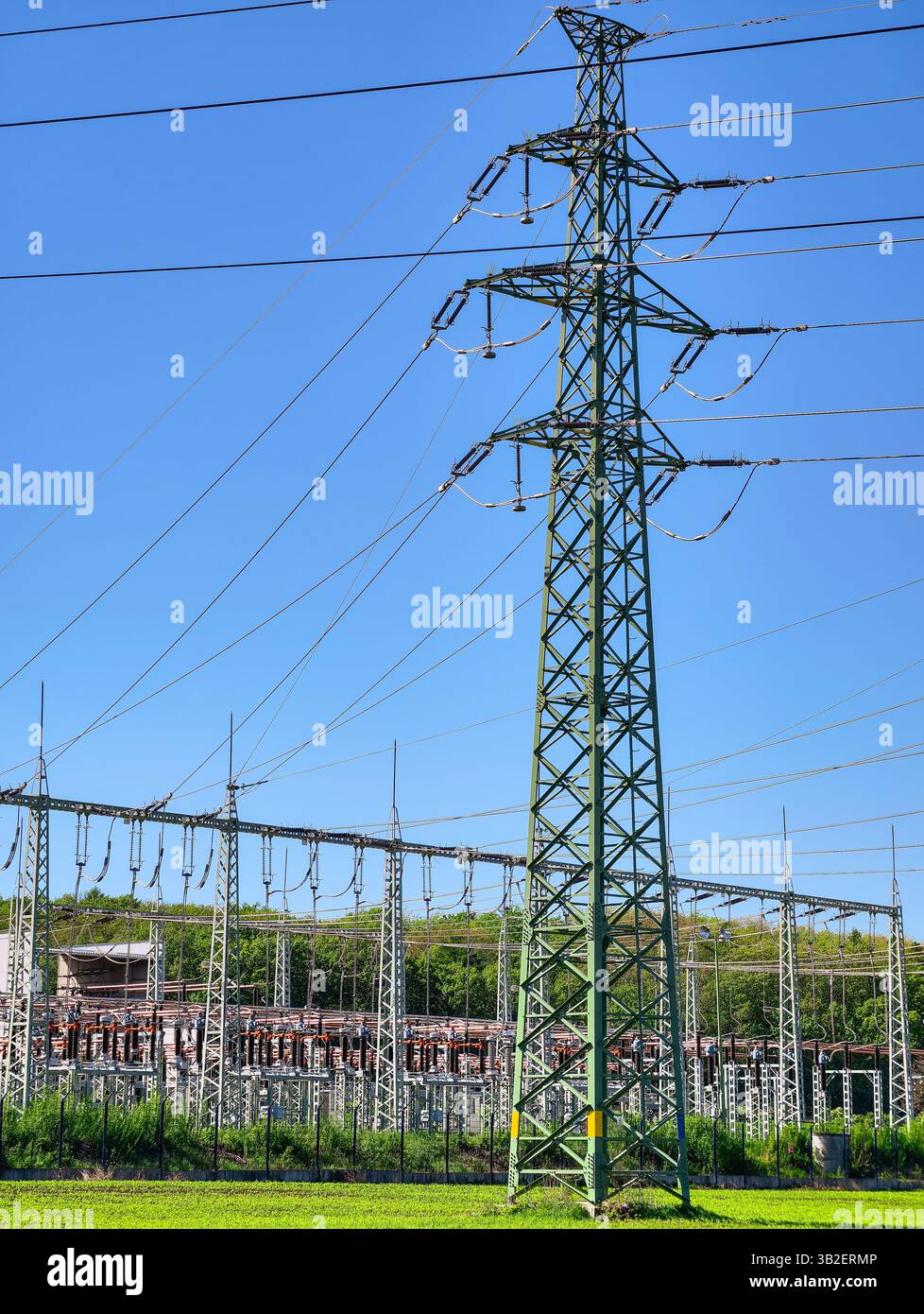 High Voltage Power Distribution Infrastructure. Modern Electrical Substation and Transmission ...