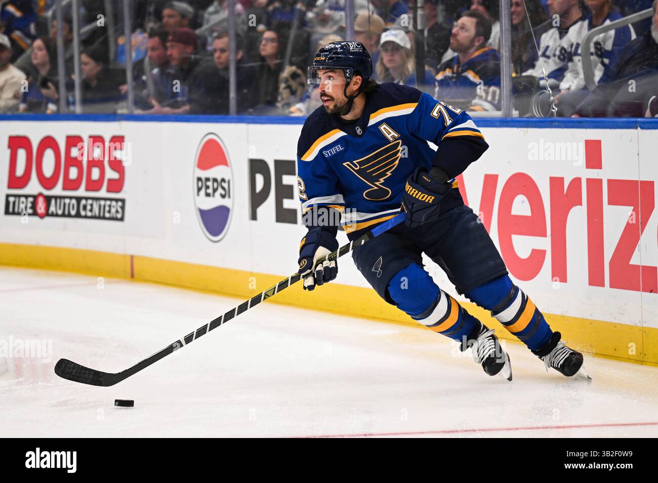 St. Louis Blues' Justin Faulk controls the puck against the Winnipeg ...