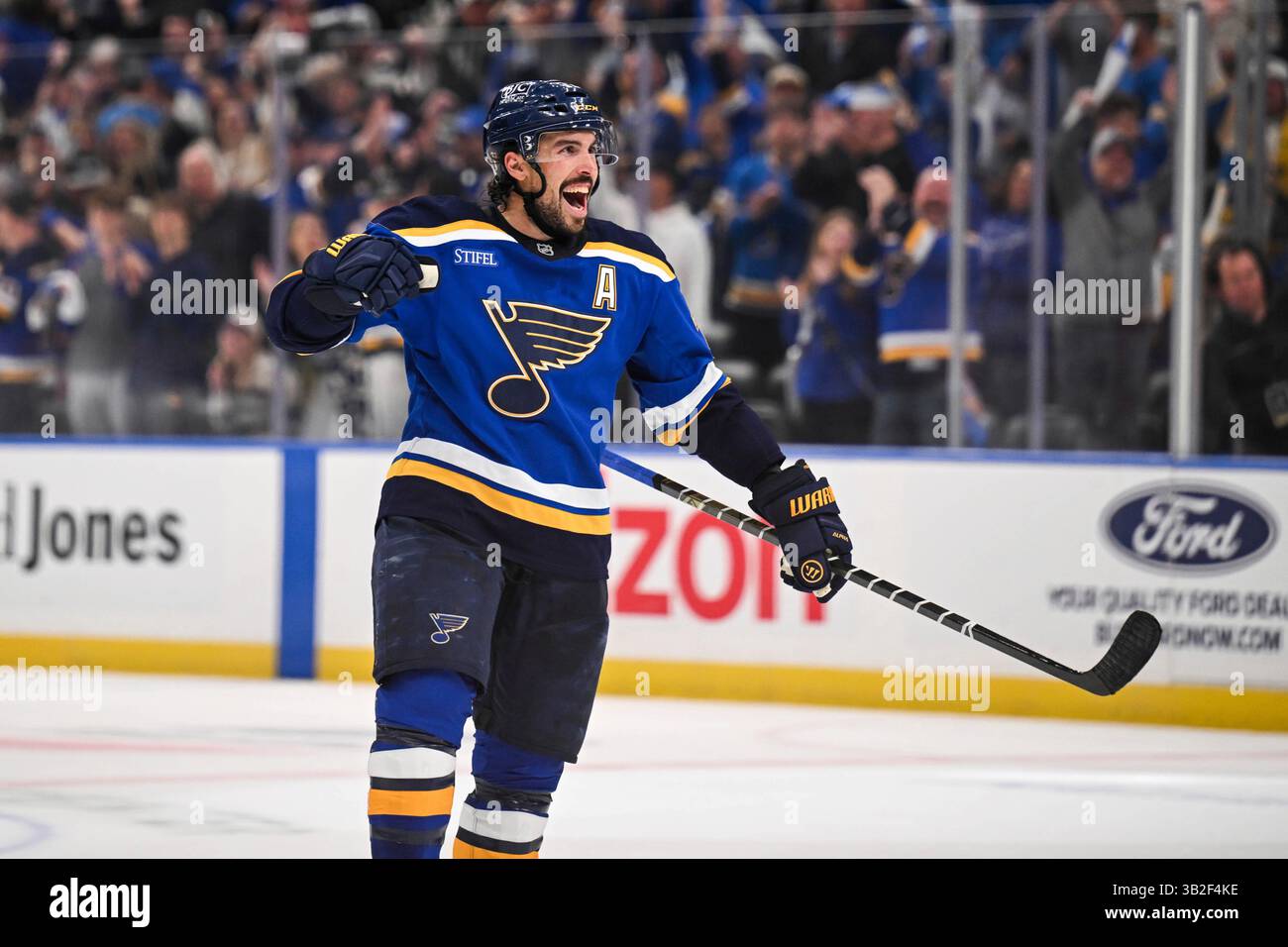 St. Louis Blues' Justin Faulk reacts after scoring against the Winnipeg ...