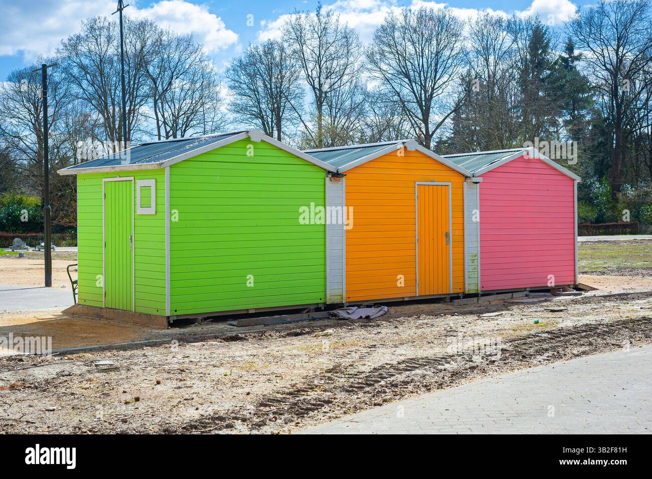 Wooden cabins painted in bright italian ice colours Stock Photo - Alamy