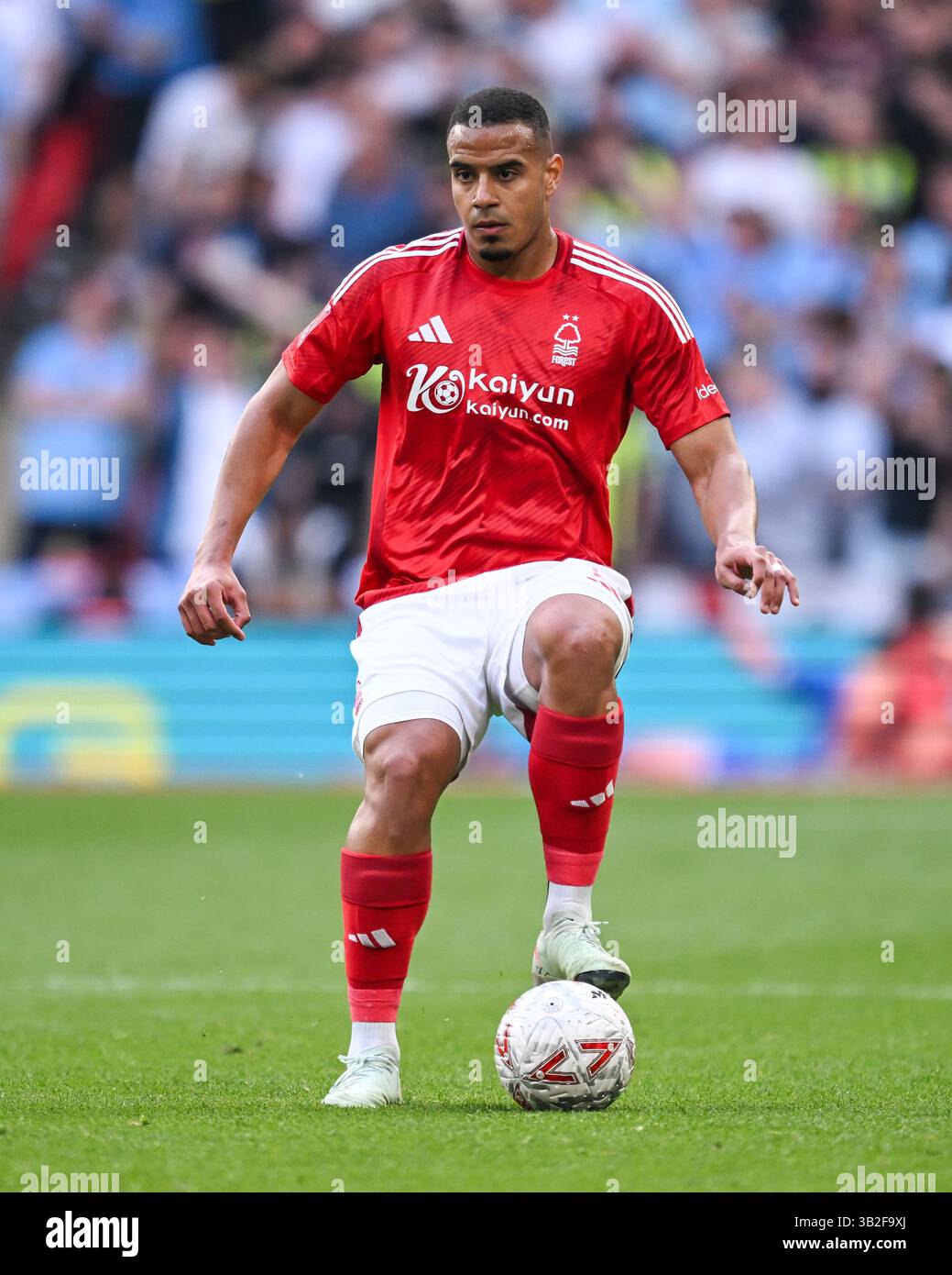 London, UK. 27th Apr, 2025. Murillo of Nottingham Forest controls the ...