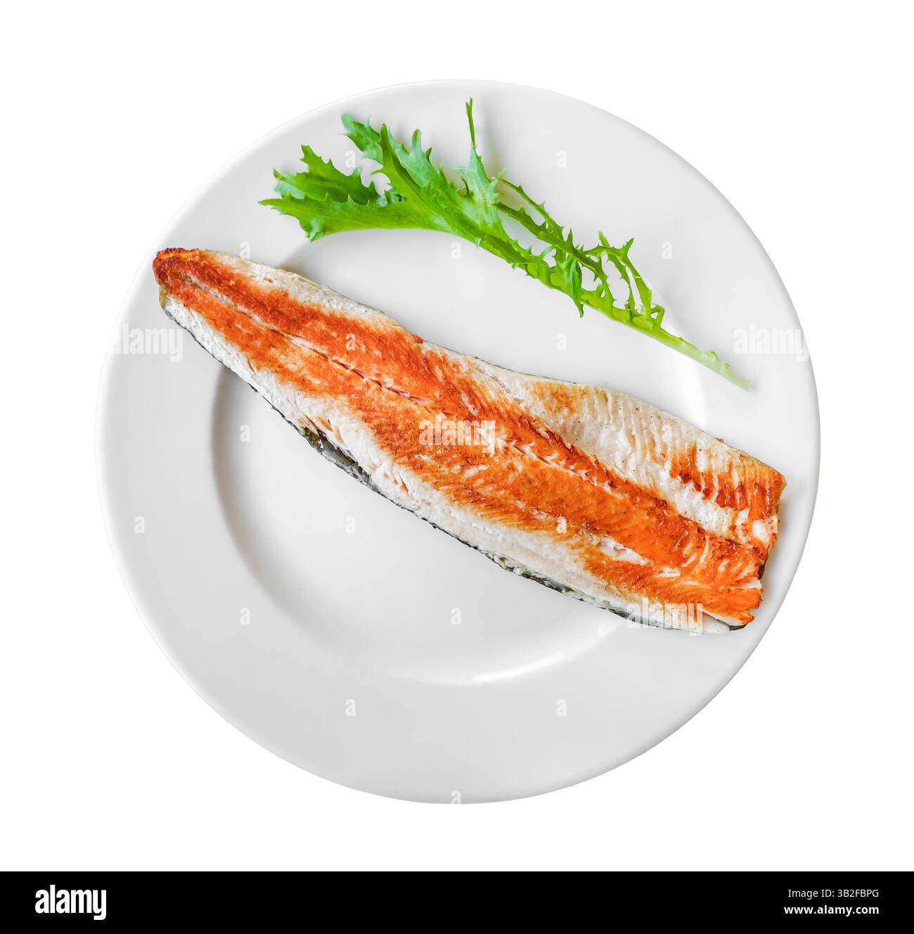 baked sea bass fish fillet on plate, top view, isolated on white ...