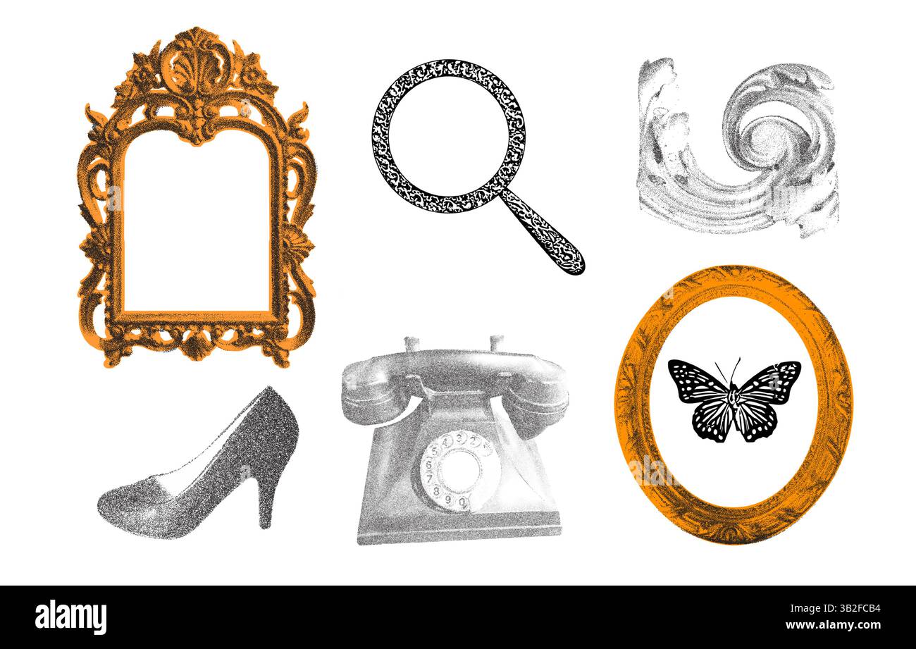 Vintage-Inspired Stipple Illustration Featuring Ornate Frames, Retro ...