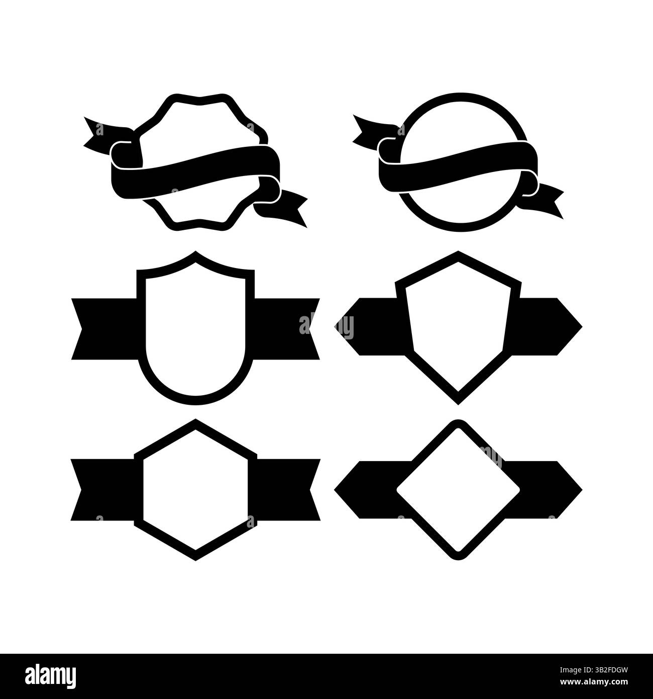 Vector illustration featuring six black emblem shapes including circles ...