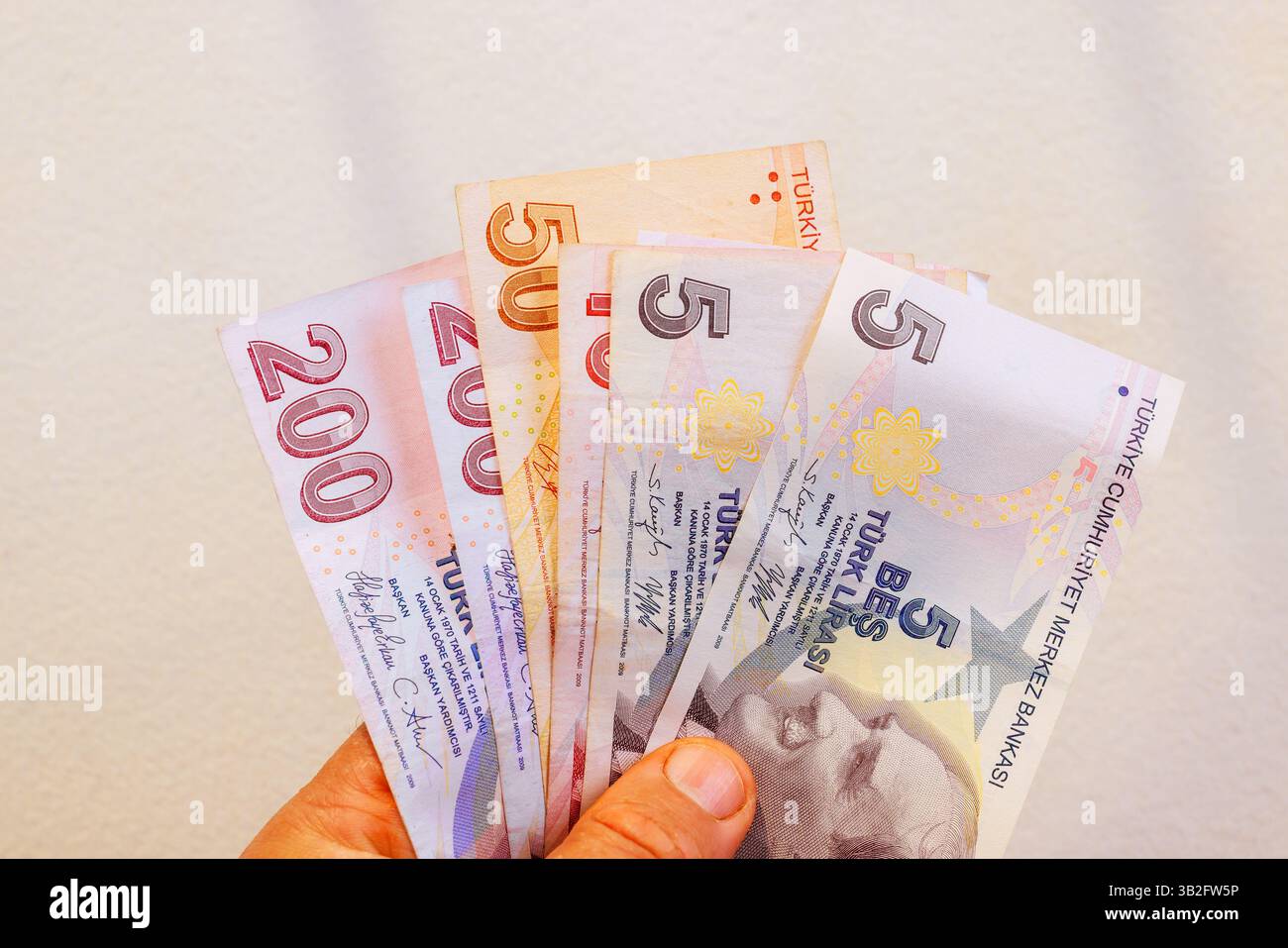 Hand holds various Turkish banknotes including 200, 50, 5 lira mixed ...