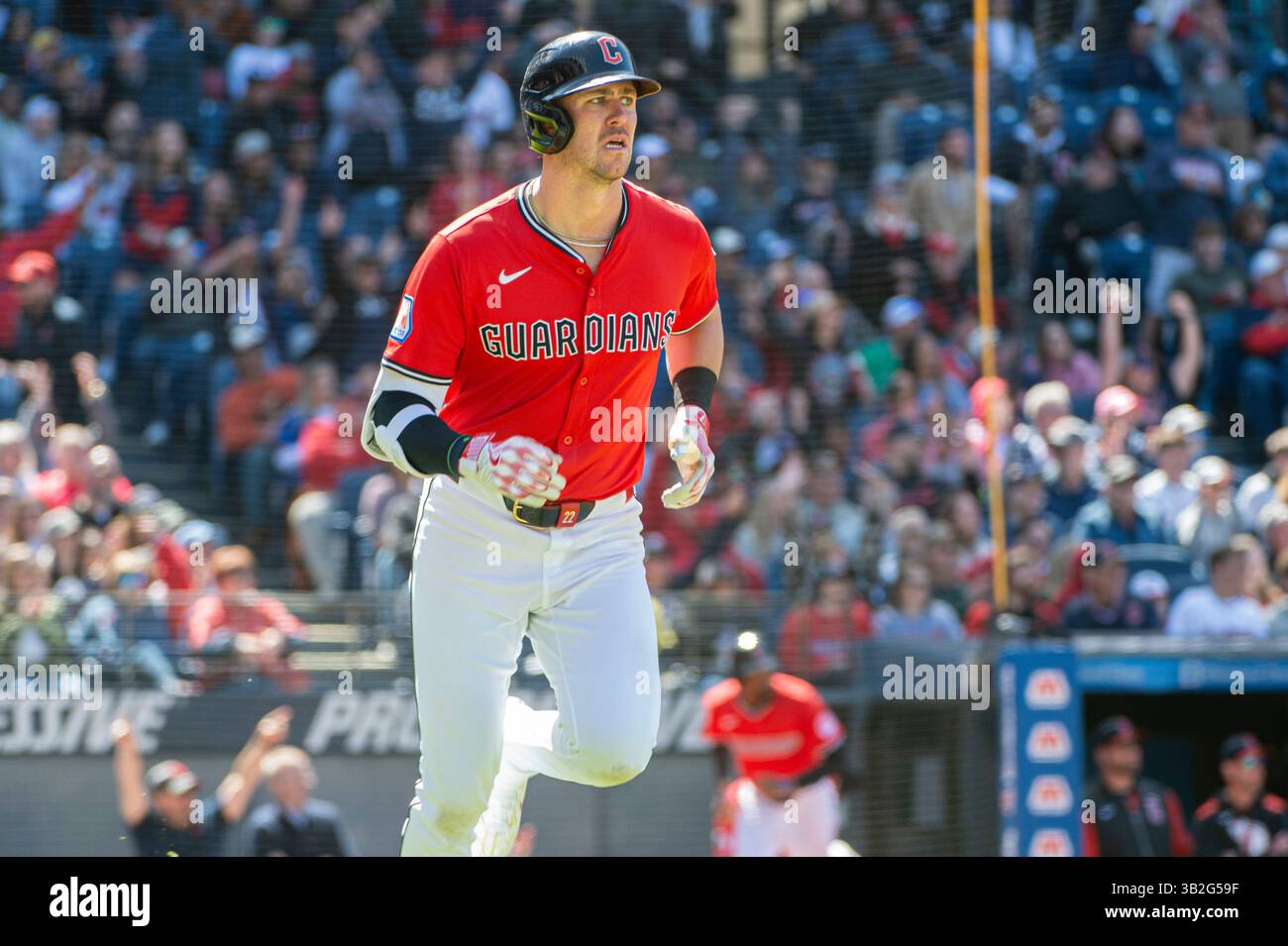 Cleveland Guardians' Nolan Jones watches his three-un home run off ...