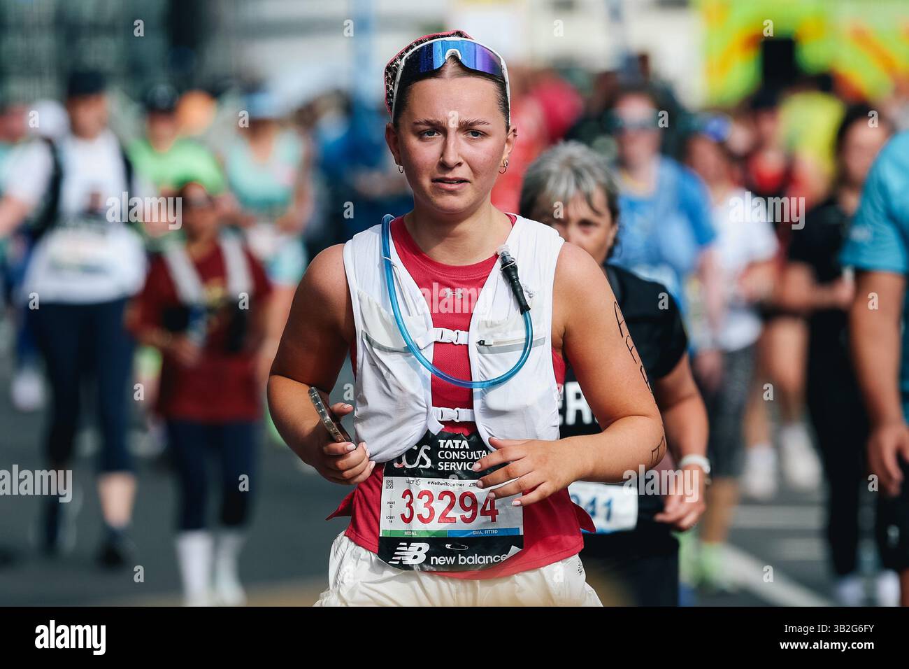 London, UK. 27 April, 2025. Runners approaching the finish line in the TCS London Marathon 2025 ...