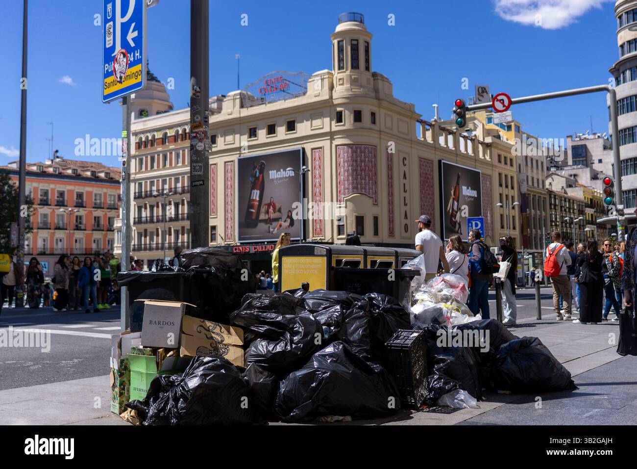 Madrid, Spain. 27th Apr, 2025. Several garbage bags are piled up on a ...