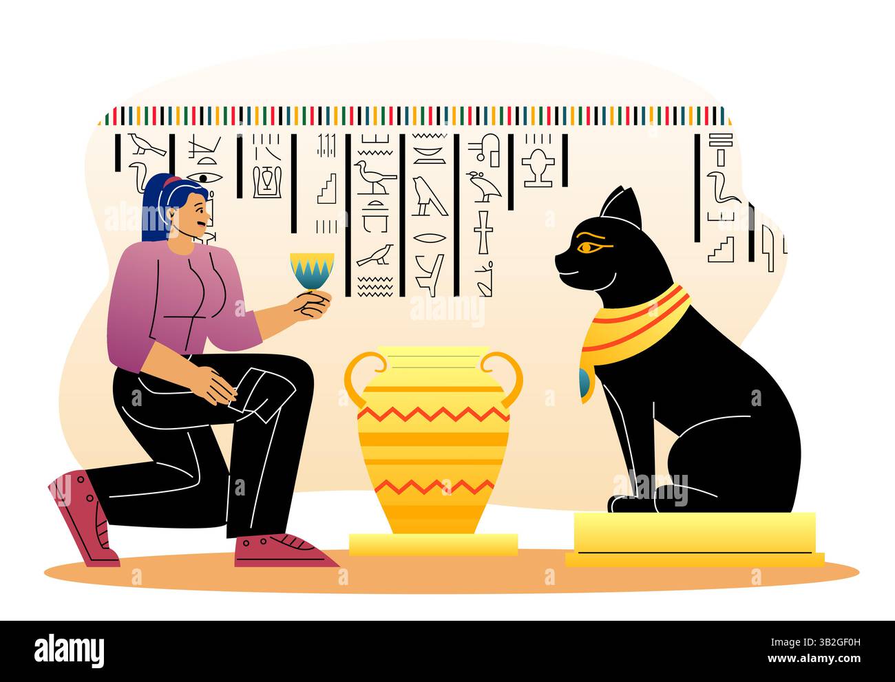 Woman exploring ancient Egyptian artifacts. Vector illustration Stock ...