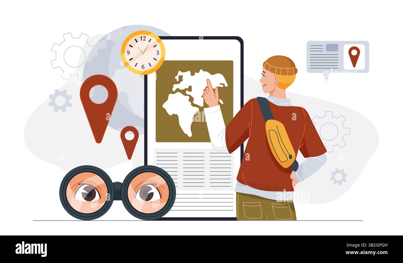 Traveler checking digital world map.. Vector illustration Stock Vector ...