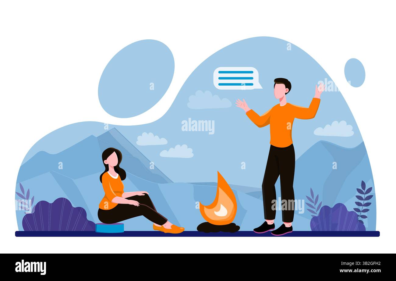 Camping scene with people talking outdoors. Vector illustration Stock ...