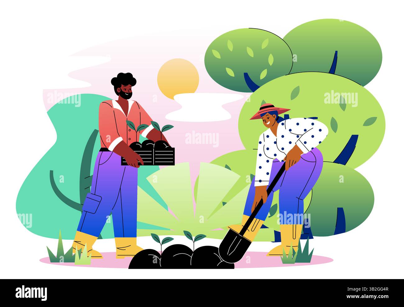 Farmers planting seedlings together. Vector illustration Stock Vector ...