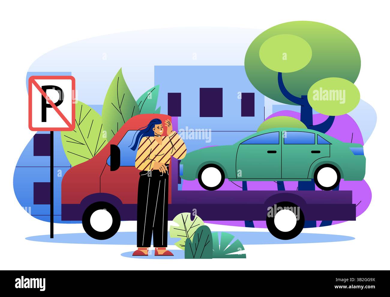 Car towed for illegal parking scene. Vector illustration Stock Vector ...