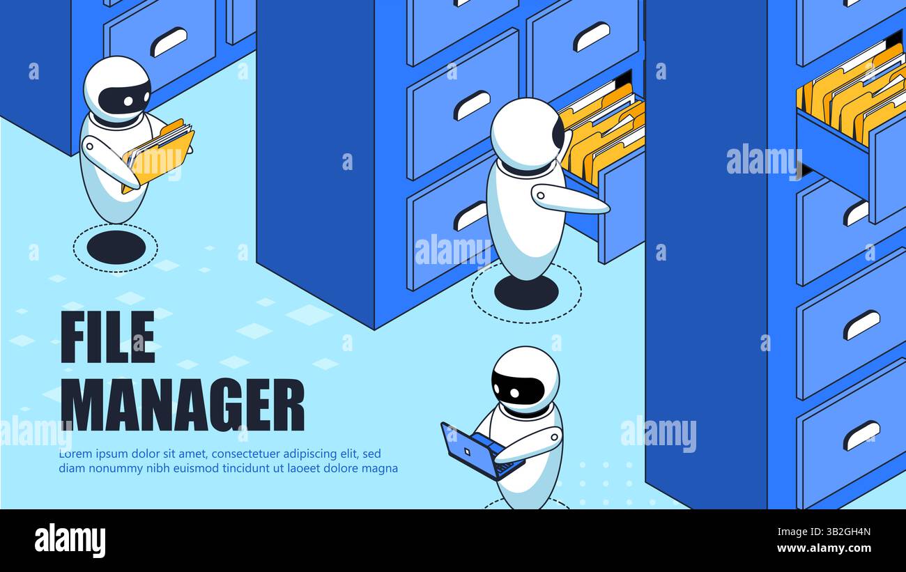 File management bots in office scene. Vector illustration Stock Vector ...