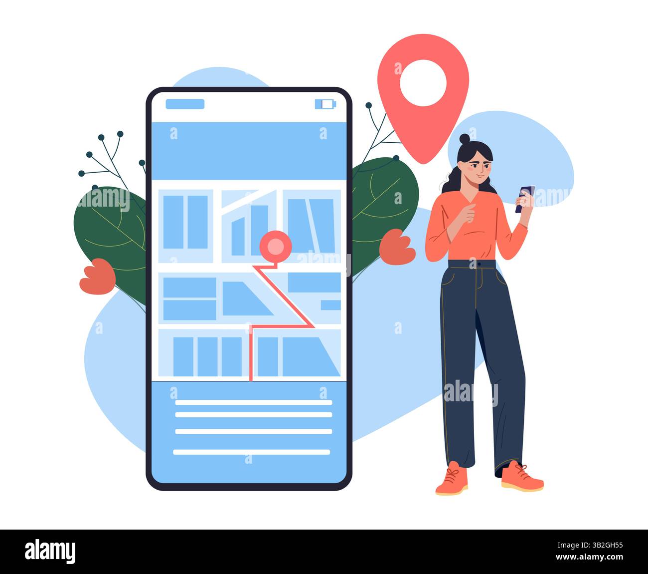 Woman using map navigation app on phone. Vector illustration Stock ...