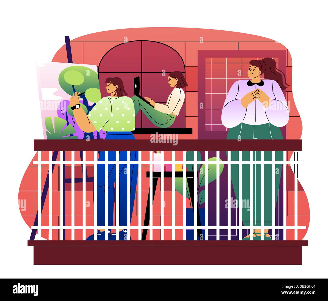Women doing activities on balcony scene. Vector illustration Stock ...