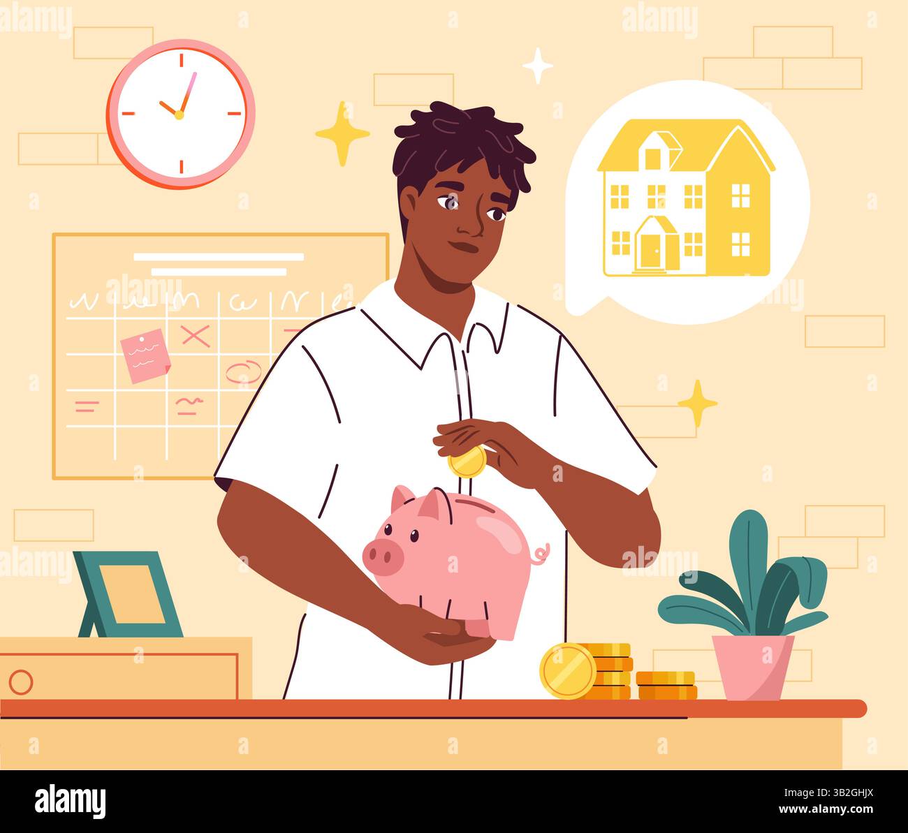 Man saving money in piggy bank at desk. Vector illustration Stock ...