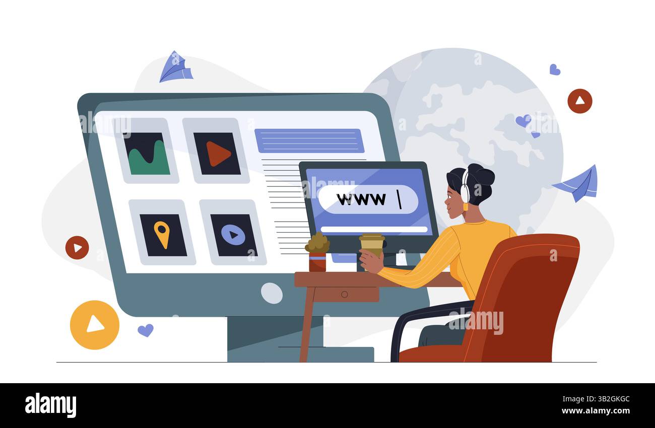 Woman browsing online content at desk. Vector illustration Stock Vector ...