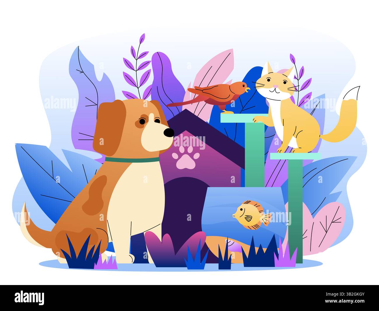 Pets with house and leaves background. Vector illustration Stock Vector ...