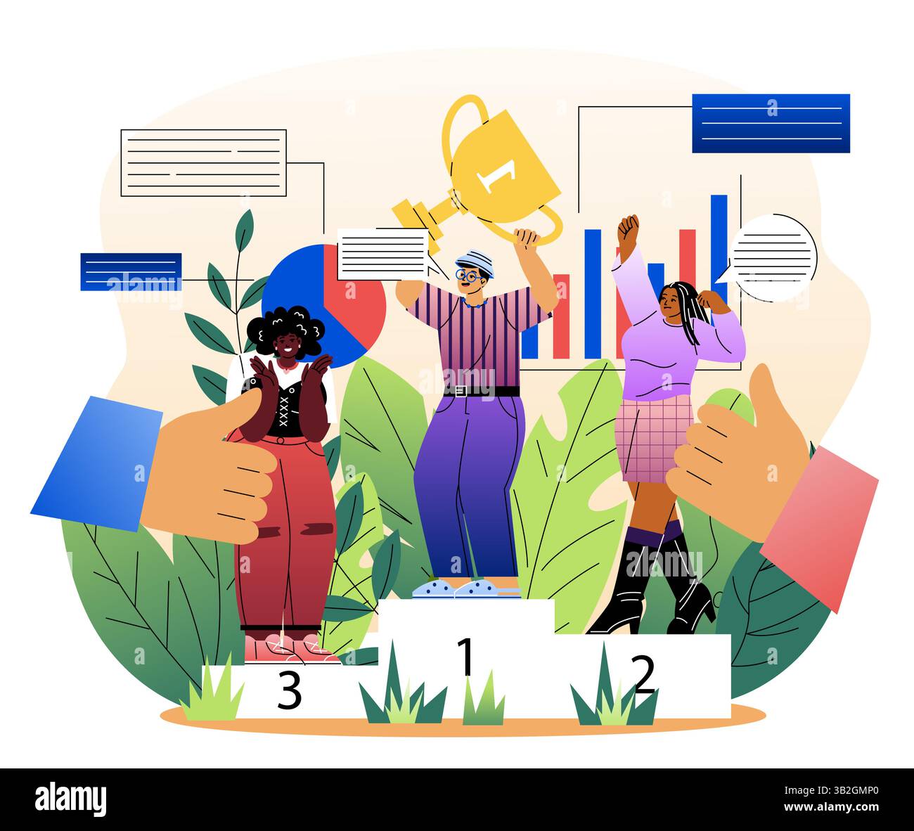 Diverse team on winners podium celebrating. Vector illustration Stock ...