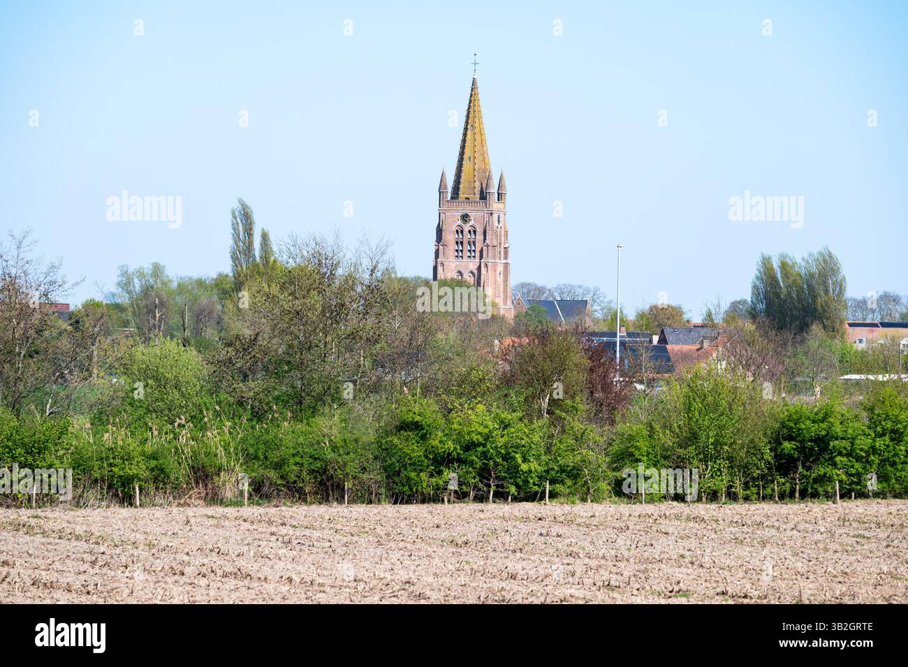 View over the church tower of Langemark - Poelkapellen, Ieper, West ...