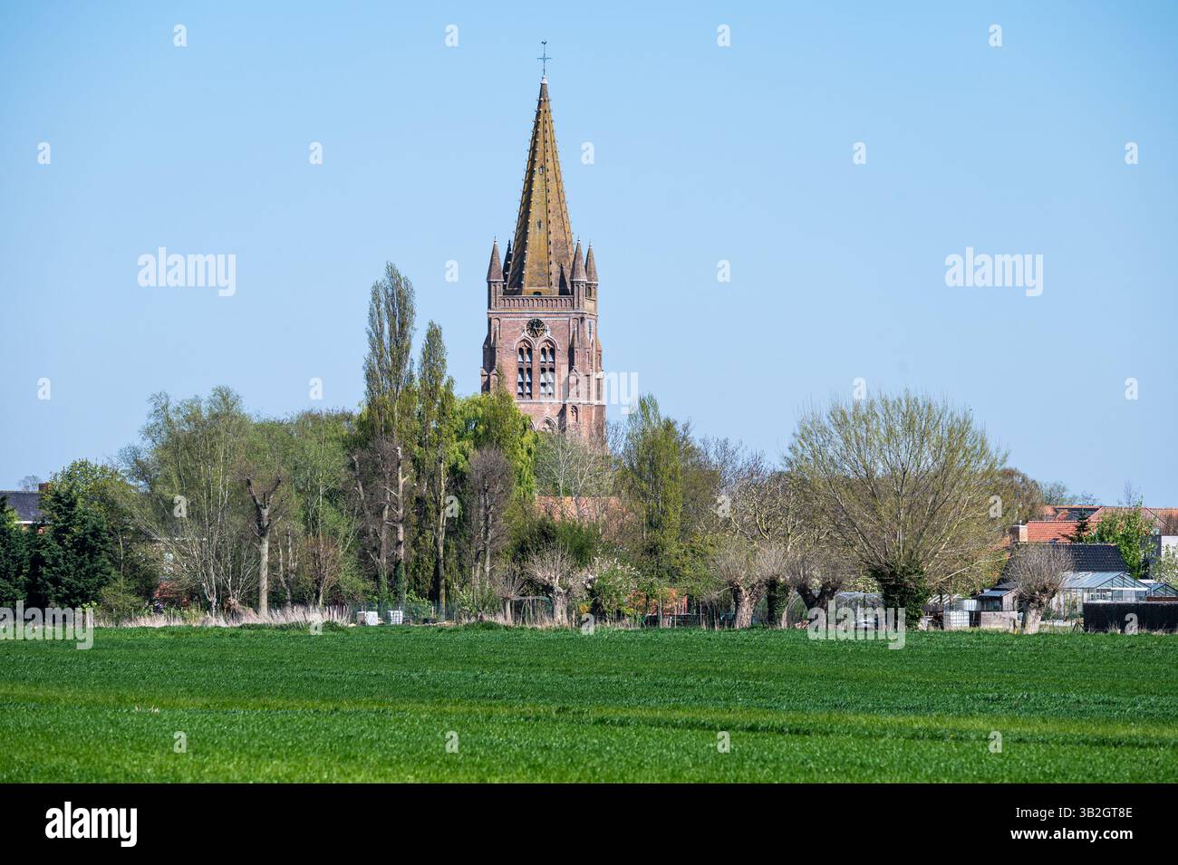 View over the church tower of Langemark - Poelkapellen, Ieper, West ...
