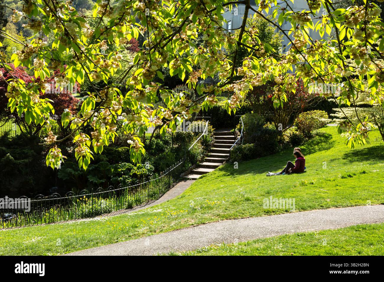 Two people enjoying the spring sunshine, Priory Park, Great Malvern ...
