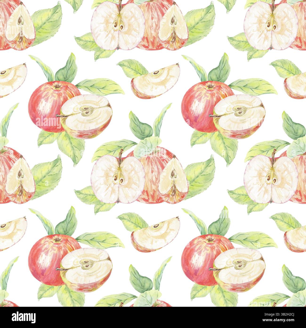 Apple seamless pattern watercolor hand drawn. Red yellow , green leaves ...
