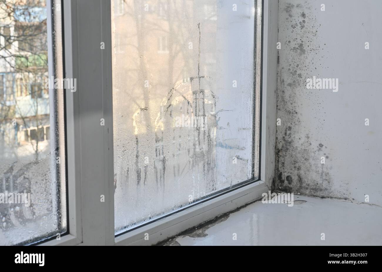 mold on window in apartment. fogged glass due to humidity and dampness ...