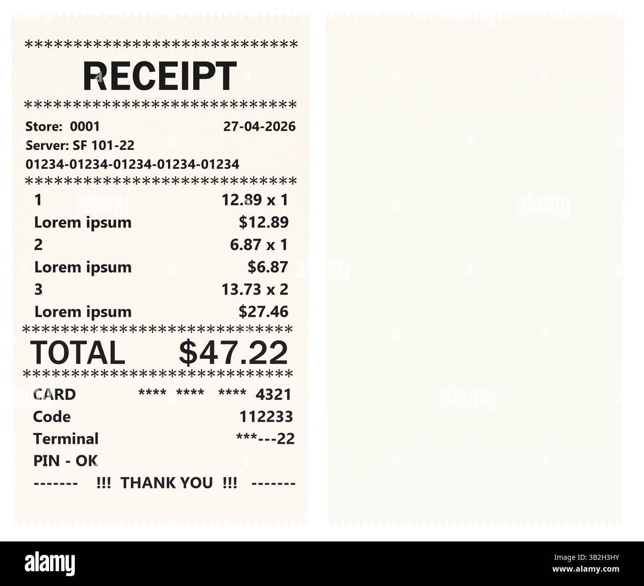 Printed receipts, bills. Check from shop and blank template mockup of ...