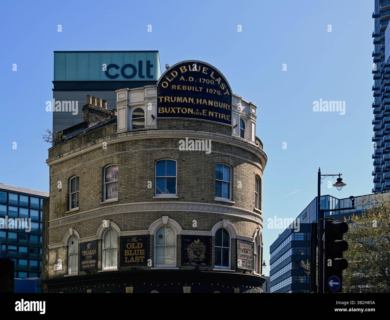 LONDON, UK - APRIL 06, 2025: Front facade and sign of the Old Blue Last ...