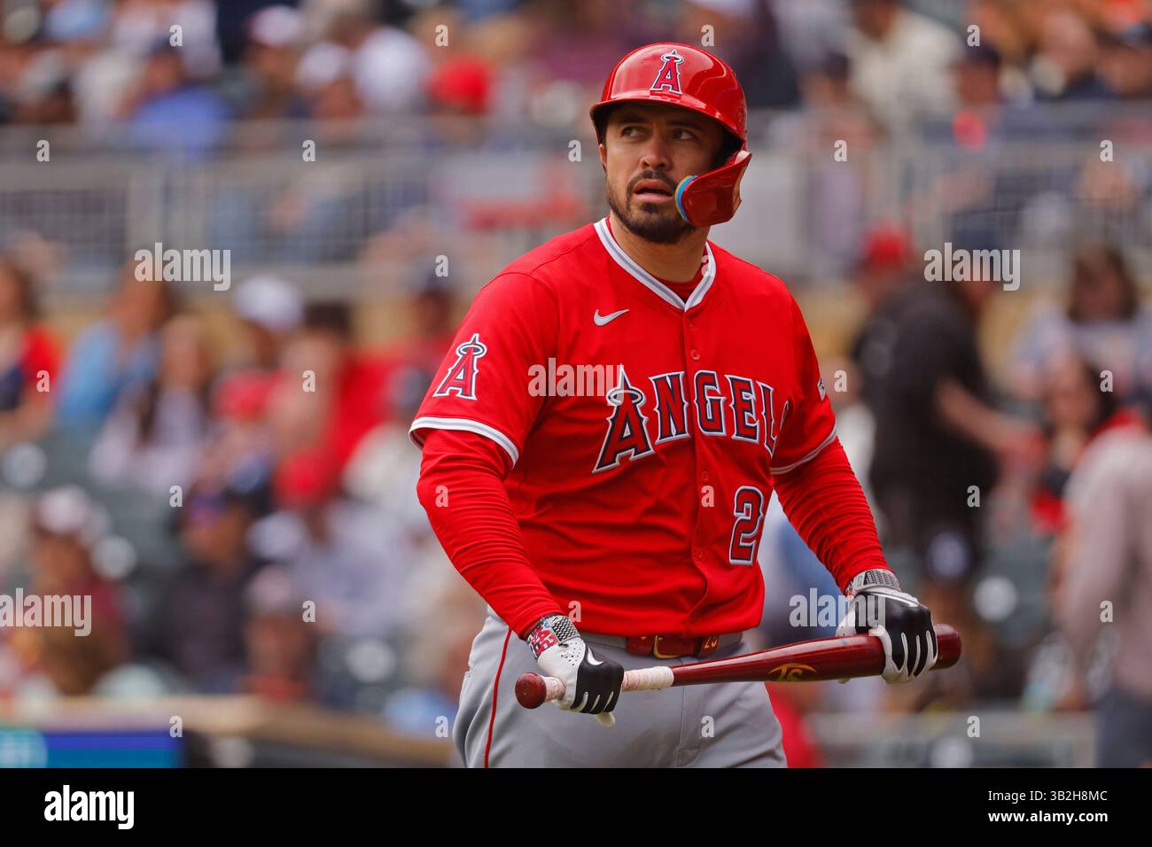 Los Angeles Angels' Travis d'Arnaud returns to the dugout after watching a called third strike ...