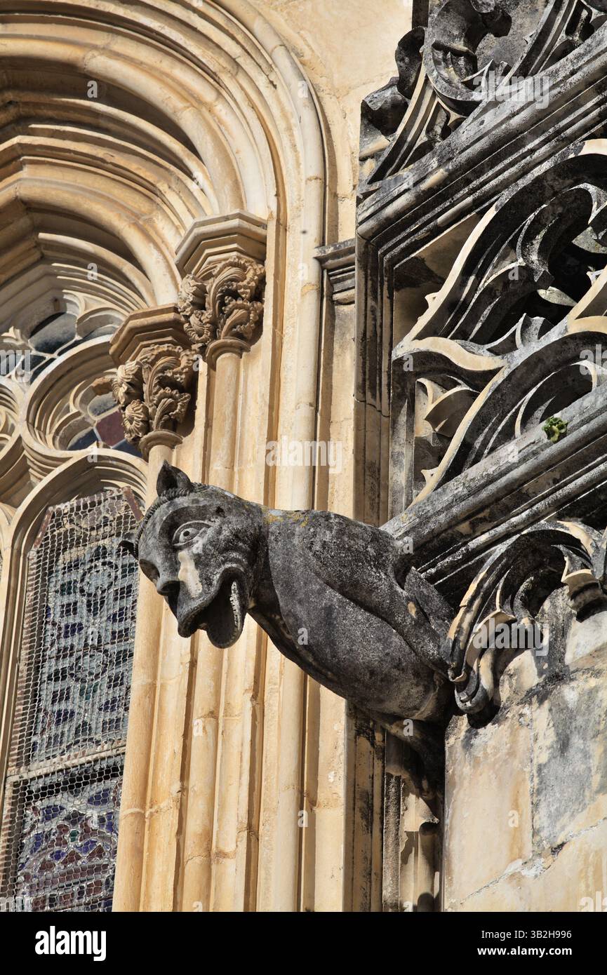 Intricate gargoyle sculptures adorn the roof of Batalha Monastery, a ...