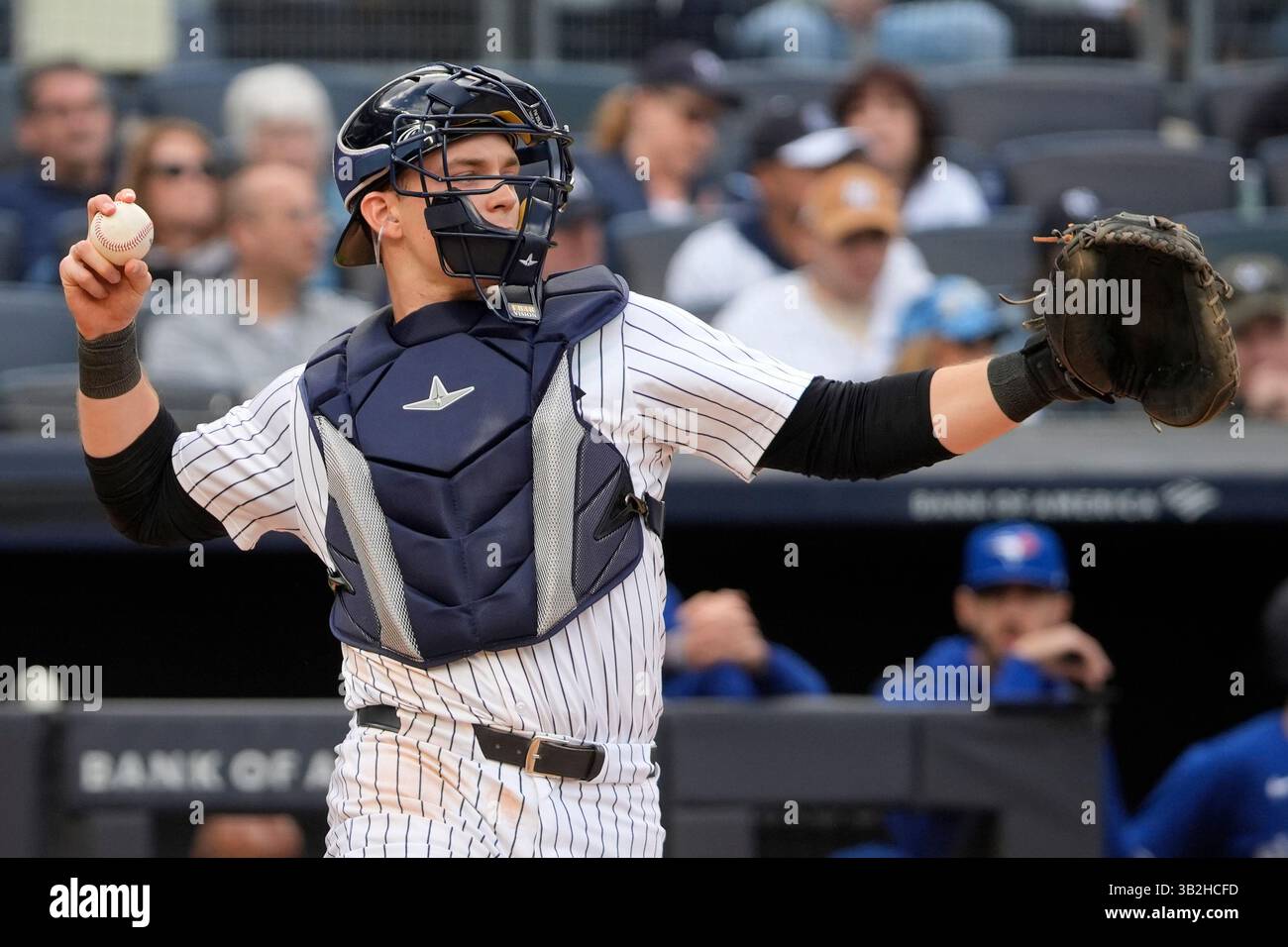 New York Yankees catcher Ben Rice throws during the ninth inning of the ...