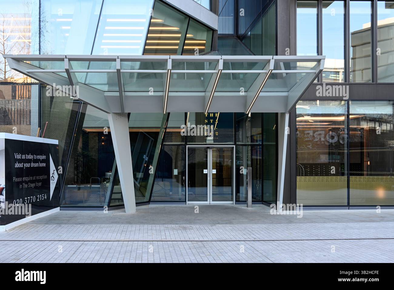 LONDON, UK - APRIL 06, 2025: Entrance to The Stage Tower in Shoreditch ...