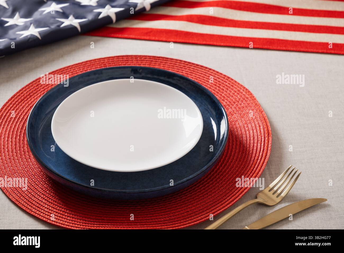 Table setting for USA Independence Day. Festive dinner with empty plate ...