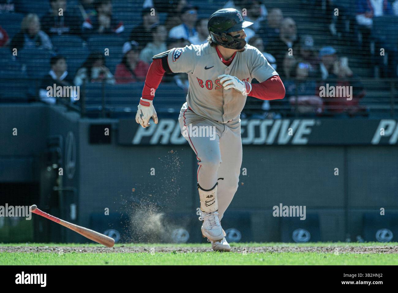 Boston Red Sox's Jarren Duran watches his RBI double off Cleveland ...
