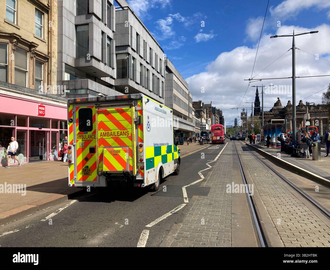 Ambulance parked outside Miniso shop on Princes Street, Edinburgh ...
